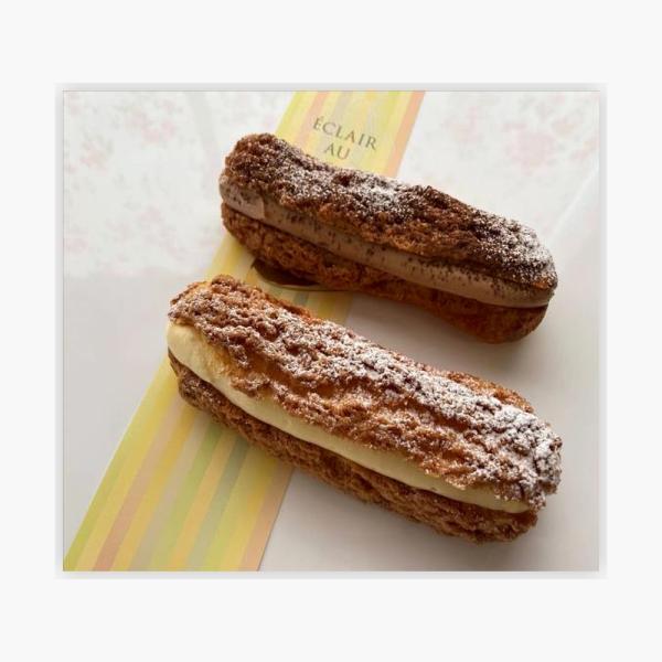 ザクッとした食感のクッキー生地と、シュー生地、やさしい甘さのクリームを合わせたチョコエクレアです。規格書では-18℃以下保存、賞味期限は冷凍で180日。ご指定に合わせて6個入りギフトとして販売用に整えています。