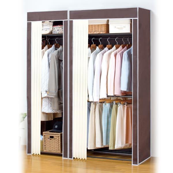 用途に合わせて選べる棚付きのクローゼットハンガー衣類も小物もまとめてスッキリ収納。カバーとカーテン付きなので衣類をほこりから守ってくれるので収納時も安心です。収納するものに合わせて【上下棚タイプ】と【2段掛けタイプ】をお選びいただけます。【...