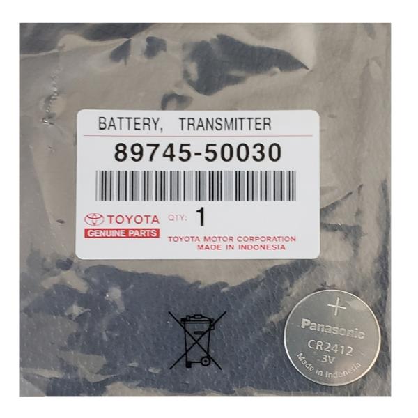 トヨタ純正トランスミッターバッテリー表示価格は1個の値段です。必要個数でご購入下さい。製品コード：CR2412トヨタ純正品番：89745-50030インドネシア製