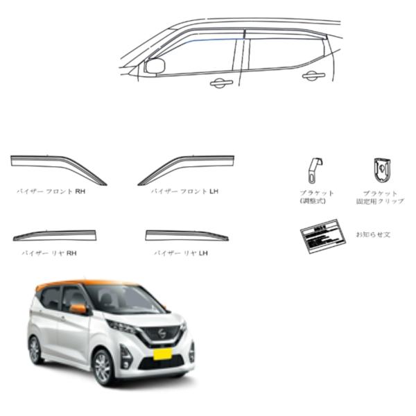 同じ車両型式でも年式、グレードで適合商品番号が変わる場合が有ります。日産純正サイドバイザー(1台分/4枚)です。適合型式: B43W　B44W　B45W　B46W　B47W　B48W備考:部品番号:H0800-7MT0A-ST他車への流用の...