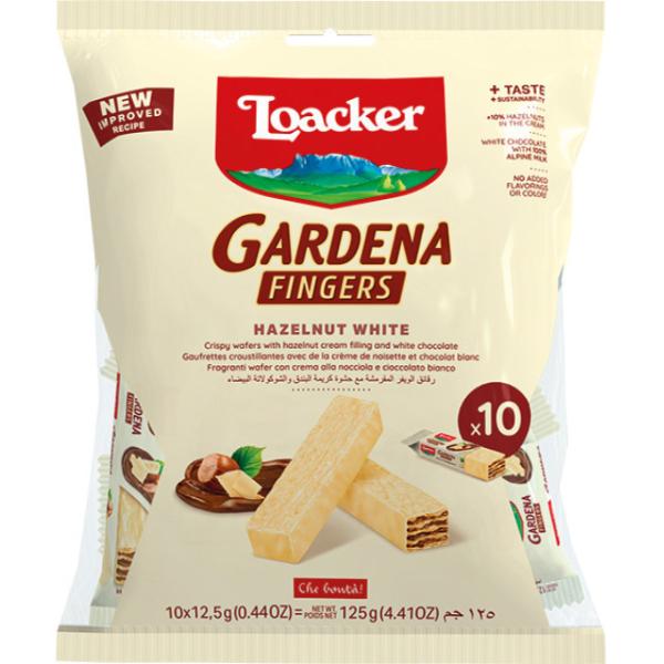 ロアカーガルデーナフィンガーズヘーゼルナッツ　ホワイト10P入【125ｇ】【冬季限定商品】・【個包装商品】厳選したイタリア産ヘーゼルナッツのクリームを5層のサクサクウエハースでサンドし、アルプス産のミルクのホワイトチョコレートでコーティング...