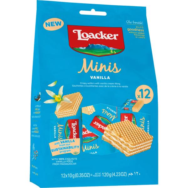 輸入お菓子・ミニーズ　バニラ　【120ｇ入】香り高いブルボンバニラを使用した繊細な甘さのバニラクリームを、４層のウエハースでサンド。リッチな風味をシェアできる個包装。