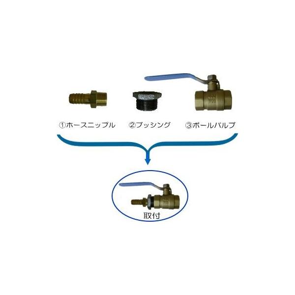 (1)ホースニップル：1/2×15.5(2)ブッシング：1”×1/2(3)ボールバルブ25（1”）の３点セットになります。※タンクご利用の際、排水口のバルブソケットはメーカー用をご利用ください。※タンク本体別売り【お届け方法：宅配便配・送料別】