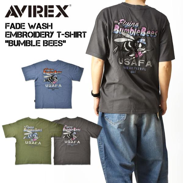 ミリタリーブランド"AVIREX"の半袖Tシャツ。特殊な染色方法（オーバーダイ）を用い、ユーズド感を表現したボディに、BUMBLE BEESの刺繍を施したモデル！■AVIREX1937年に米軍指定の業者となった“エアロレザーカンパニー”。1...