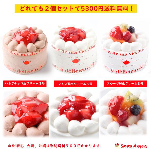 苺デコレーションケーキ、チョコ生クリームの苺デコレーションケーキ、フルーツデコレーションケーキの中からどれでもお好きな２個セットで5300円送料無料！（北海道、九州、沖縄は別途送料かかります）※こちらの商品にはローソク・チョコプレートはお付...