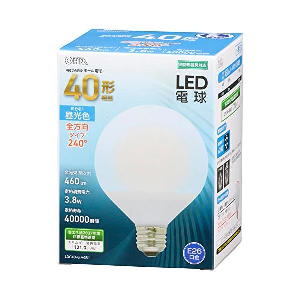 昼光色/40形/LDG4D-G AG51・Color:昼光色Size:40形・パッケージ個数:1・【 特 長 】 ボール電球40形相当 光の広がり約240°全方向タイプ 密閉形器具対応 LED5年対象商品 昼光色 口金E26・【 仕 様 】...