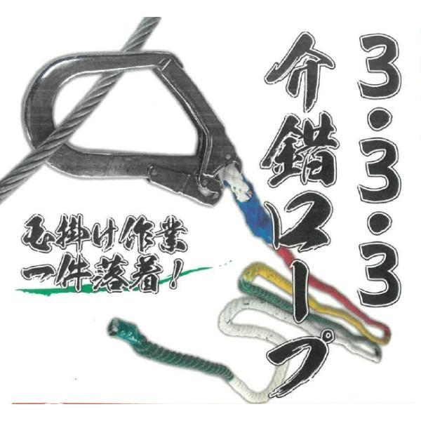 大洋精器工業(株)3.3.3介錯ロープ玉掛け作業時の「３、３、３運動」でより安全に・吊り荷から3m離れて合図・地切り30cm・3秒間停止して安全確認フック口開き：φ54mmロープ長さ：5m　フックから1m赤色、1m黄色、1m緑色、/手元30...