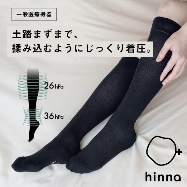 商品名：hinna ふくらはぎ巡りソックス素材：綿、ポリエステル、ナイロン、ポリウレタンサイズ：Mサイズ（22〜24cm）、Lサイズ（24〜26cm）カラー：ブラック区分：一般医療機器　一般的名称：弾性ストッキング製造販売届出番号：18B3...