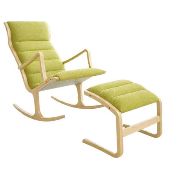 国産ロッキングチェアー　グッドデザインにも選ばれた名作椅子です。菅沢 光政デザイン。　ゆったりした自然なロッキングのゆれが人気です。写真は張り生地グリーン色 張生地は５色よりお選びいただけます。究極のシンプルです。安心安全の国産品です　届い...