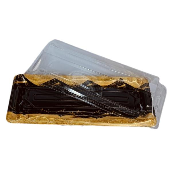 【ＳＦ鮨板１５ 菱蒔絵本体】外寸：248mm×103mm×22mm素材：ＰＳＰ入数： １袋50枚入備考 寿司５カン・太巻１本【ＳＦ鮨板１５ 嵌合蓋ＡＰ】外寸：250mm×105mm×31mm素材：Ａ−ＰＥＴ入数： １袋50枚入シーピー化成