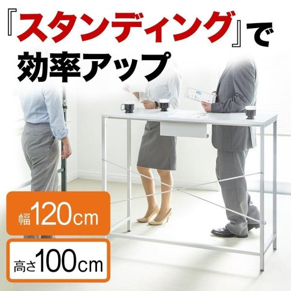 品番：100-DESKF010ここがポイント！・立ったままデスクワーク可能なスタンディングデスク・立って作業をするので作業効率や集中力アップ・デスクの横揺れを防ぐバックフレームを装備・まっすぐ立って作業することで腰痛などの対策に・「立つ」こ...