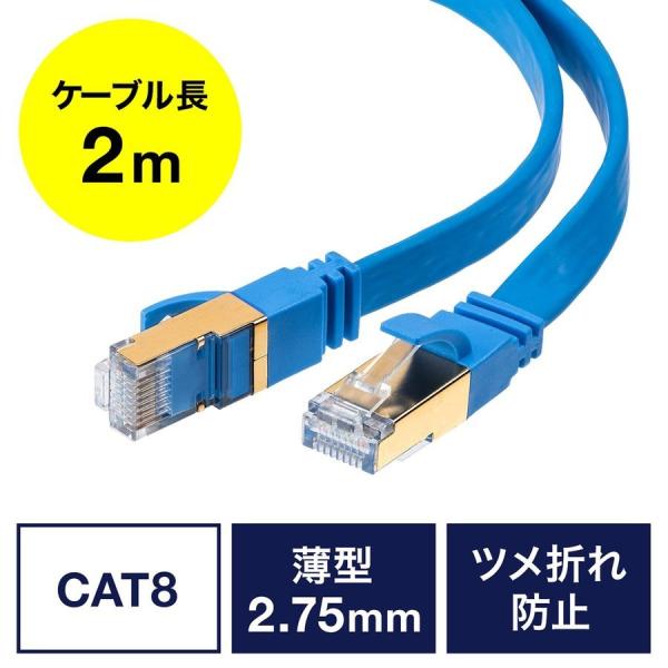 品番：500-LAN8FL02ここがポイント！・超高速・超広帯域に対応したカテゴリー8のLANケーブル・次世代イーサネット40GBASE-T、25GBASE-Tに完全対応・シールド構造でノイズの影響を受けにくい・取り回しがしやすいフラットタ...