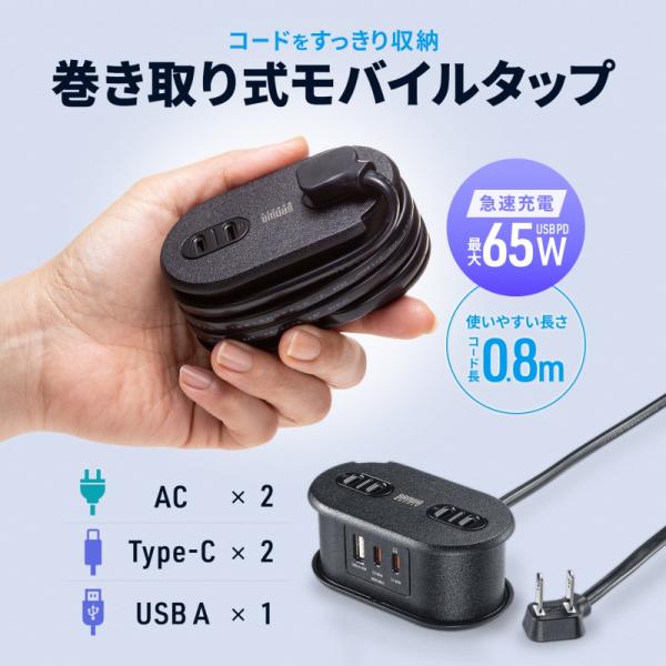 品番：TAP-MC2A1AC2BKノートPCやスマートフォンの充電環境をひとまとめにできるUSB PD 65W対応の巻き取り式電源タップ。AC2個口に加え、USB Type-C×2、USB-A×1を搭載し、複数機器の同時給電に対応。コードは...