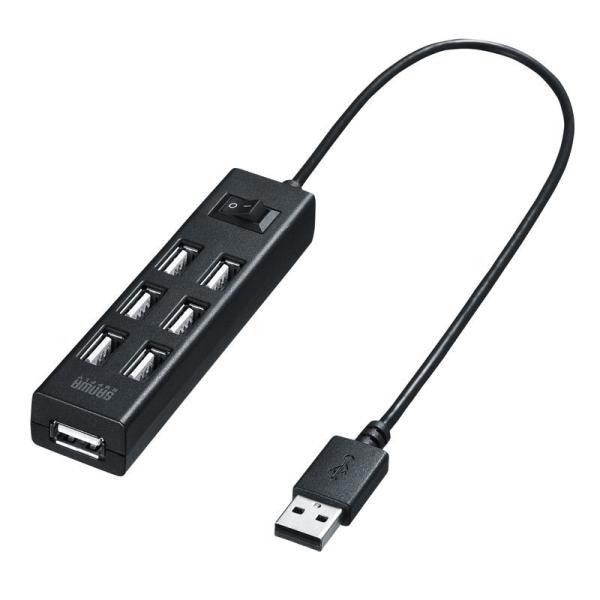 品番：USB-2H702BKNスイッチ付でオン・オフを一括管理！超コンパクトな7ポートUSBハブ。ブラック。合計5,000円以上お買い上げで送料無料(一部商品・地域除く）！関連キーワード：サンワサプライ サンワダイレクト 増設 追加