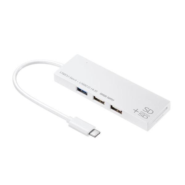 品番：USB-3TCHC16W合計5,000円以上お買い上げで送料無料(一部商品・地域除く）！USB3.1/3.0×1ポート、USB2.0×2ポートコンボハブ。カードリーダー付き。（ホワイト）関連キーワード：サンワサプライ サンワダイレクト...