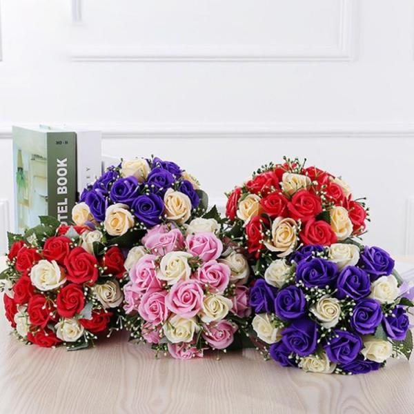 ■ 品名:ブーケ（造花）     ■ 素材:soap sheet■ カラー：全5色■ サイズ：全長53cm、幅20cm■ 内容：1本(花19輪)sanwafashionの人気検索ワード： ウエディングブーケ 安い 結婚式 花嫁 ブーケ ロー...