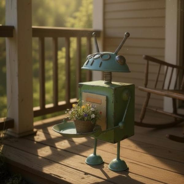 このブリキ製大きなロボットは、レトロでかわいらしいデザインが特長です！お庭づくりやインテリアのディスプレイにぴったりのアイテムで、その存在感あるフォルムが空間に楽しい雰囲気をもたらします。ロボットの置物は、ガーデニングを楽しむ方やユニークな...