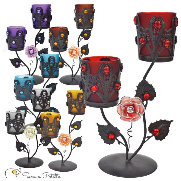 【サイズ】W14.5×D9×H23.5cm【重さ（約）】315ｇ【材質】ガラス、アイアン【付属品】ひかるロウソク(プラスチック)×2個