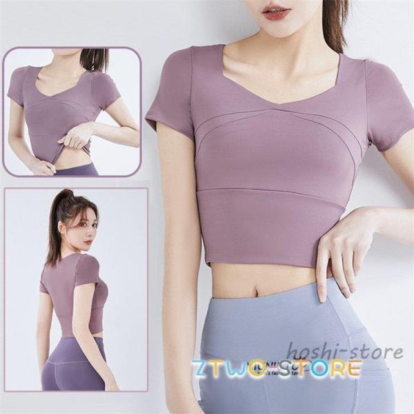 スポーツTシャツ レディース 半袖 ヨガTシャツ ス カップ付き 運動着 ランニング スポーツウェア ヨガウェア 速乾 夏服 ジムウェア ストレッチ拔群素材：ポリエステル色 パープル ブラック グレー ブルー イエロー ピンク グリーンサイ...