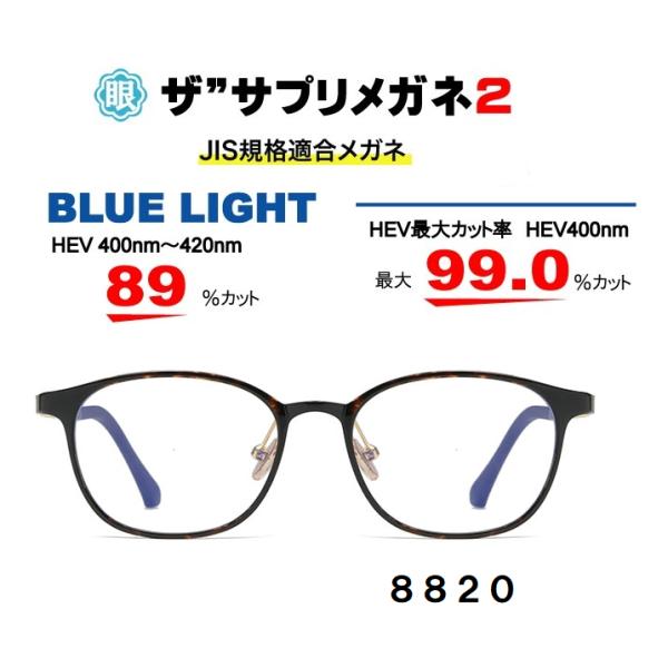 ザ”サプリメガネ2　8820中国製OEMザ”サプリメガネ2レンズ仕様ブルーライトを最高99％カット脅威のHEV400nm〜420nmを89％カット紫外線99%カット一般的なメガネ400nmまでの紫外線をカットする機能に加えザ”サプリメガネで...