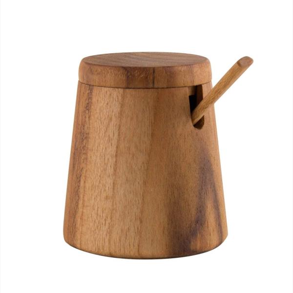 七味や山椒などスパイスや塩におすすめの調味料入れ｜木製でおしゃれなデザイン。●ひまわり油で仕上げた華奢で上品なチーク製スパイスポット。●七味やスパイス入れとしてご利用ください。●ポット内に収納可能な小さな匙（さじ）が付属します。●定期的に植...