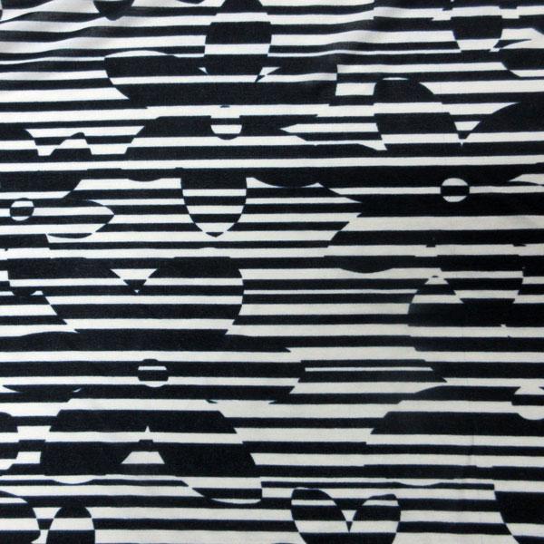 PE100%エスパンディニット（YFS1502）ポップフラワー＆ボーダー（白黒）素材： ポリエステル100% 生地巾：110cmMADE in JAPAN*ネコポス便:2m（数量4）まで発送可能です。*〜高級ファンシーニット・訳あり値引き品...