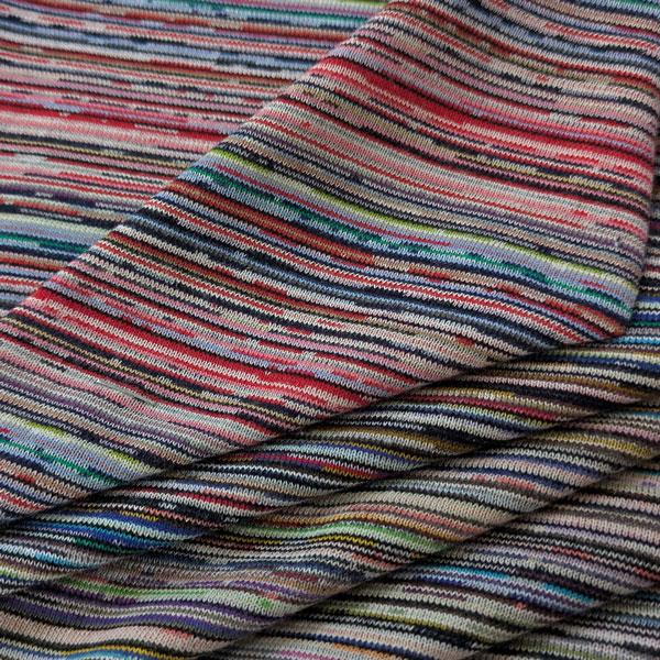 綿30/天竺ニット（2007-15）*残糸*カラフル先染マルチボーダー素材： 綿100% 伸縮性（横伸び/中）生地巾：170cmMADE in JAPAN*ネコポス便:1m（数量2）まで発送可能です。*〜高級ファンシーニット・新商品です〜衣...