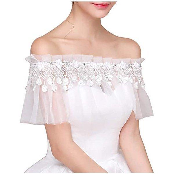 素材構成: 100% シフォン可愛い人気のショールです。生地はとても軽くて柔らかいし、ドレープ性もいいし、着心地が素晴らしいです。ウェディングドレスを袖付きみたいにアレンジできます！結婚式や二次会など花嫁様にはもちろん、披露宴や演劇やイベン...