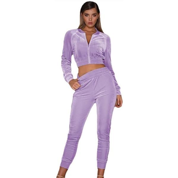 2 Piece Velour Tracksuit,Two Piece Pants Outfit,Long Sleeve Two Piece Outfit,Solid Color Jogging Suits,Zipper Crop Tops ...
