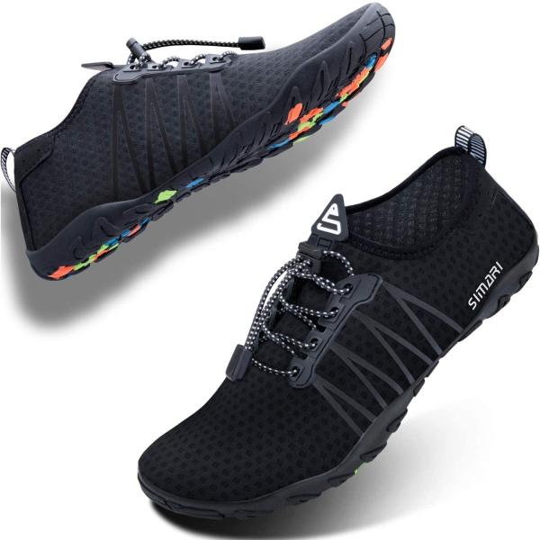 「安全性」靴底は強靭なゴムソールを採用して、非常に速乾性と滑り止め性があります。ゴムソールは滑り止め力と耐久力を誇ります。スポーツシューズに多用されています。地面の岩石の破片や殻によって足が刺されるのを防ぎます。熱い砂浜や岩場などでも足をし...