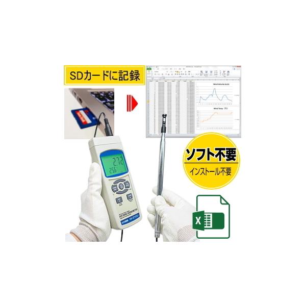 伸縮式センサープローブ部で高所やダクトの測定に便利で、室内環境の測定・空調機器等の点検と、建築設備業者に人気の風速計です。AM-4214SDの日本仕様です。●SDカードスロット搭載●K型、J型熱電対温度計に対応●SDカード（1〜16GB）に...