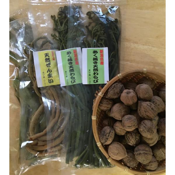 当店人気の天然わらび水煮１５０ｇ入り２袋に天然ぜんまい水煮１５０ｇ入り１袋・天然いたどり水煮それぞれ１５０入り１袋、殻付き天然鬼クルミ３５０ｇをセットにした里山のおいしさをいろいろ味わえる一品です。それぞれ単品の商品より増量いたしております...