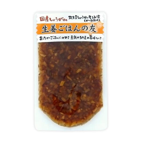 国産しょうがをみじん切りし、かつお節を合わせ、丸大豆しょうゆ、麦芽水飴、丸大豆しょうゆのもろみ、三温糖などで漬け込み、しょうがの風味とやわらかな辛味を引き出したもろみ味に仕上げました。あたたかいごはんにのせたり、お好みにより混ぜ込んでいただ...