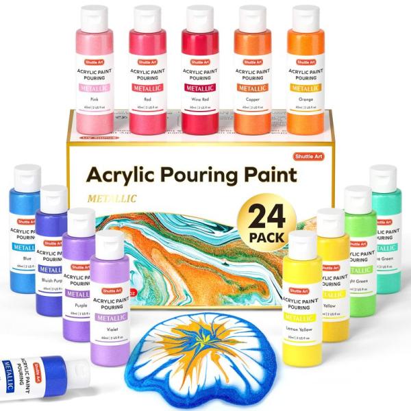 【商品名】　Shuttle Art アクリル絵の具 ポーリングアート絵の具 23色セット メタリックカラー キラキラ 60ml シリコンオイル付き フル 【商品説明】　・【メタリック色セット】23色メタリックカラーのアクリルポーリング絵の具...