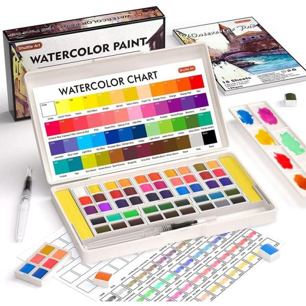 【商品名】　Shuttle Art 固形水彩 48色セット 固体水彩絵の具 ハーフパン ペイントブラシ10本 水筆ペン 水彩紙 パレット付き 透明 溶け 【商品説明】　・【セット内容】固体水彩絵の具×48、ペイントブラシ×10、水筆ペン×2...