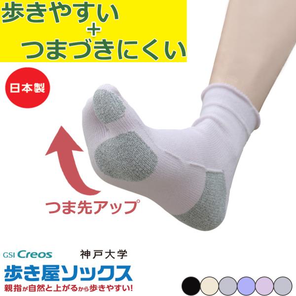 GSI Creos×神戸大学 歩き屋ソックス日本製 歩きやすい+つまづきにくいPoint 1　つま先履くだけでつま先が上がる構造により足底腱膜が巻き上げられて、足の縦アーチが高くなります。（ウィンドラス効果）Point 2　足裏摩擦抵抗の高...