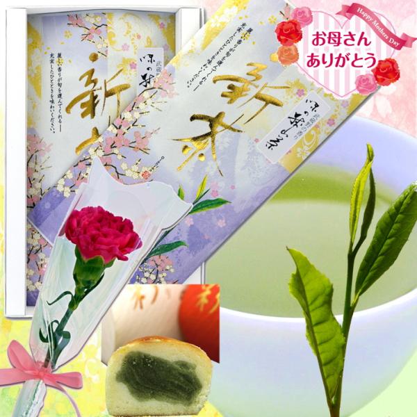 新茶を飲んでいつまでも元気でいてね…皆さんの感謝の気持ちと一緒に新茶を贈りませんか。菓子職人創作和菓子「抹茶の彩」とカーネーション「生花」とともに特典をご用意いたしました。商品詳細名称 煎茶（狭山新茶） ブランド 狭山茶 原材料 緑茶（埼玉...