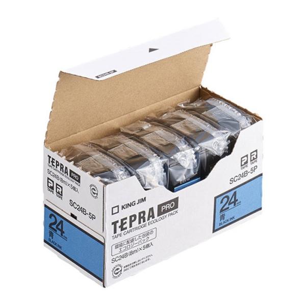 ★簡易包装の5個パック■メーカー：キングジム■品番：SC24B-5P■テープ幅24mm　青テープ/黒文字■入数：5個■テプラPRO用テープカートリッジです（P規格、R規格）＊機種により使用可能なテープ幅が異なります。　必ず適応テープ幅をご確...
