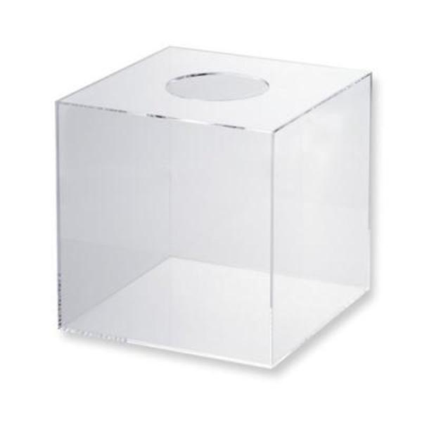 ★透明アクリル製■メーカー：共栄プラスチック■品番：DP-27■本体サイズ：W250×D250×H250mm■天穴：直径110mm（手を入れる穴）■通常納期：3〜4営業日＊ 入札箱 など表題は印刷されていません。