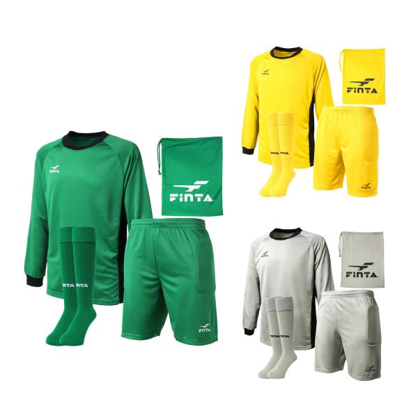 ブラジル生まれのサッカーの人気ブランドFINTA(フィンタ)の大人用ゴールキーパーウェア３点セット。パット付き長袖シャツ、パット付きハーフパンツ、ストッキングと収納袋のセットです。長袖シャツには両肘、ハーフパンツには両脇とヒップにパットが付...