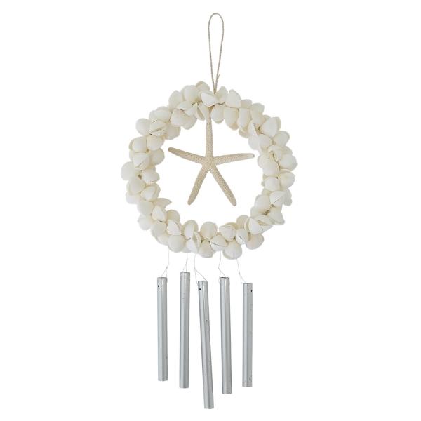 シェルとスターフィッシュのリースの下で心地よい音で揺れるチャイム。風通しの良い場所に飾って音を楽しんで♪※天然の貝を加工しているため、不揃いであったり少々欠けている場合があります。ご了承ください。サイズ約φ16×TH40cm【宅急便発送商品】