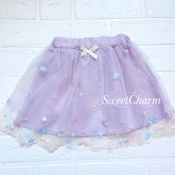 エンジェルラブふわふわチュールスカート貝殻の刺繍がとってもかわいい！サイズ【９０ｃｍ】丈【３０ｃｍ】ウエスト平置き【２１ｃｍ】素材チュール部分【ナイロン１００％】裏地【ナイロン１００％】【メール便対応商品】