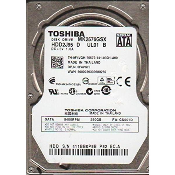mk2576gsx、hdd2j95?D ul01?B、Toshiba 250?GB SATA 2.5ハードドライブ: 商品のタイトル【中古品】(中古品)＝使用済み中古品です。画像の商品はサンプル画像です。実際に届く商品と異なりますのでご了承...