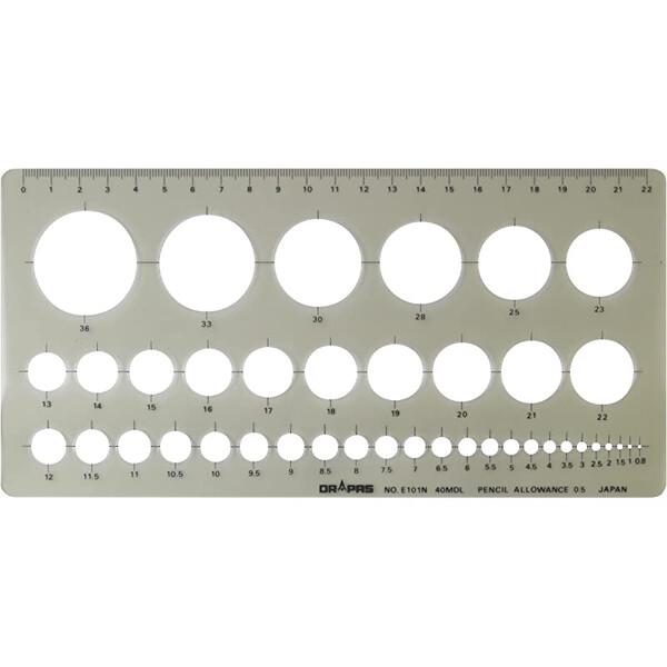 製図用のテンプレート。円定規(大)。サイズ:115×235×1.0mm仕様:片面つや消し裏面:インクエッジ付材質:アクリル樹脂■メーカー: ドラパス■品番: 31101※ご注文合計額が￥1100 (税込)以上の場合、購入いただけます。