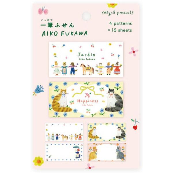 人気イラストレーター「Aiko Fukawa (布川 愛子)」さんデザイン♪メルヘンな世界感のアニマルたちのかわいい表情が魅力。「一筆箋」がミニチュアサイズの「ふせん」になりました。1冊に2柄×各15枚つづり、2冊セットです。【サイズ】ふせ...