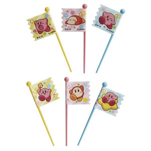 「星のカービィ」とかわいくランチ♪お弁当やパーティの彩りに活躍する「ピック」です。ピックにカラフルなフラッグが付いています。運動会など、お子さまのがんばりを応援するシーンにもピッタリ!【サイズ】約24×67×5mm【重　量】約9g (包装込...