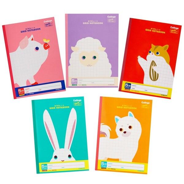 メール便 送料込価格【特徴】動物柄がかわいいカレッジほうがんノート5mm方眼ノートセット【仕様】通常のノートよりも1行多く、1冊あたり900文字多く勉強可能【サイズ】B5(179×252mm)【内容】5mm方眼罫 30枚綴じ【入数】 5冊セ...
