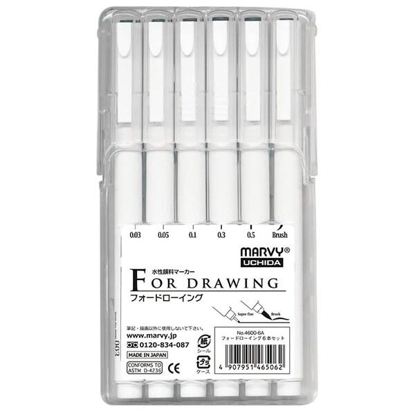 コミック、デザインワークに最適!耐水性の水性顔料インクのミリペン「フォードローイング」です。ブラックインクの6本セットです。ペン先は描き味がやや固く、しなりづらい(Brush以外)ので、筆圧の強い方にもおすすめです。0.03や0.05mmは...