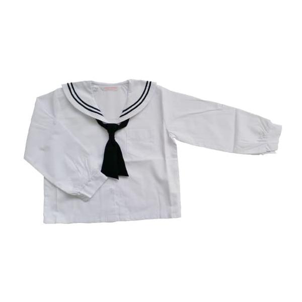 濃紺のラインが入ったセーラー襟のブラウス。前ホックで着替えも簡単。ネクタイは取り外し可能。※仕様変更に伴い、ホック式・ボタン式混在となります。ご了承ください。在庫のみです。 複数店舗で販売の為、在庫切れの際はご容赦下さい。   ■素材：ブロ...