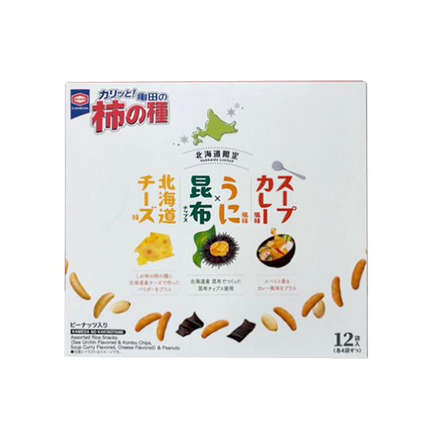 大人気の柿の種ご当地シリーズ！北海道チーズ味、スープカレー風味、うに風味×昆布チップスの柿の種ポケパックが各4個ずつ入っています。北海道チーズ味：12g×4うに風味×昆布チップス：9g×4スープカレー風味：12g×4